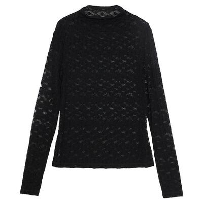 谜底修身T恤长袖女春新款时尚气质提花透视叠穿上衣241MT0052