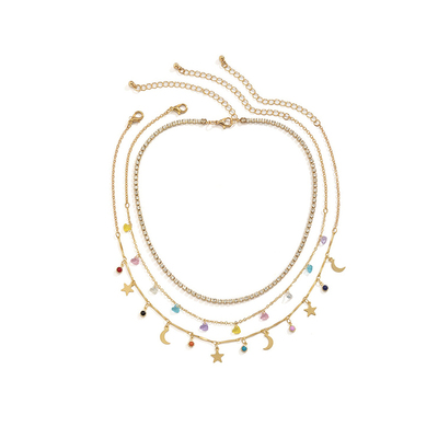 彩色星月水钻多层叠戴项链套装