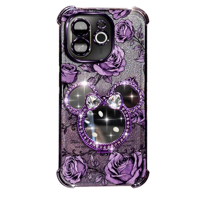 TecnoSparkGo2025手机壳tecnosparkgo2025玫瑰印花米奇旋转支架自带补妆镜全包防摔软边框渐变ins风轻奢壳