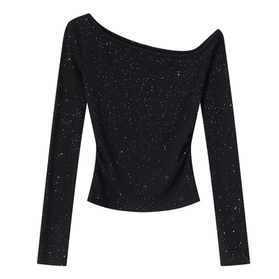 CLIMAX VISION亲肤弹力满天星烫钻不对称斜肩收腰抽褶长袖T恤