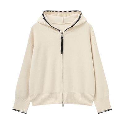 Basic House/百家好米色连帽针织开衫宽松慵懒毛衣外套女2025冬季