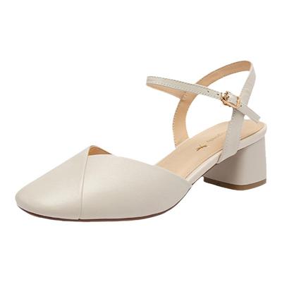 红蜻蜓真皮一字带高跟包头凉鞋女