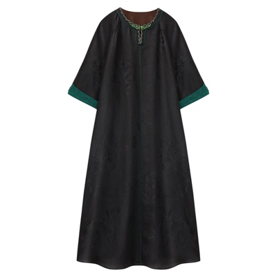 萧娘【柳色新】提花纱罗香云纱连衣裙圆领长袖新中式气质长裙5484