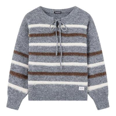 i.tGROUNDZERO秋冬保暖个性灰色圆领抽绳条纹毛衣打底针织衫女