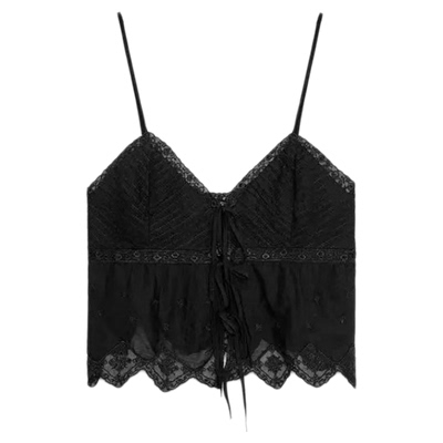 绑带开口设计棉质刺绣吊带上衣