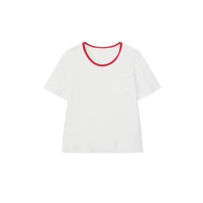 CountryMoment 全棉竹节棉撞色U型领宽松微廓型短袖美式复古T恤女