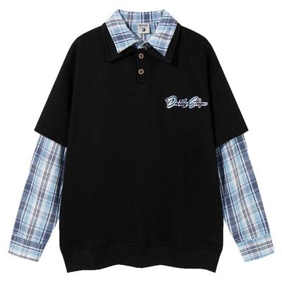 岁月留恋格子拼接宽松翻领卫衣