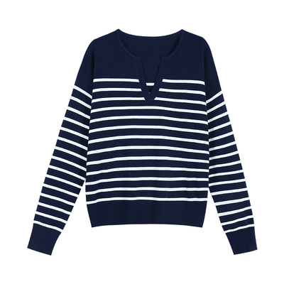 MULVAN ROW老钱风 条纹v领毛衣女宽松套头针织衫休闲松弛感上衣