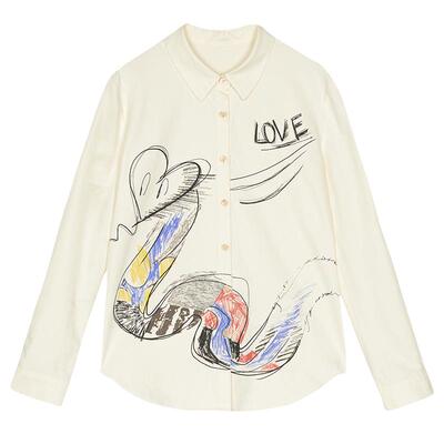 谜底主题印花衬衣长袖2025春新品复古文艺宽松纯棉衬衫251MC0048