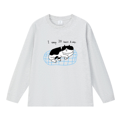 猫咪睡觉时间 美式松弛感纯棉长袖秋季猫咪t恤宽松打底内搭上衣服