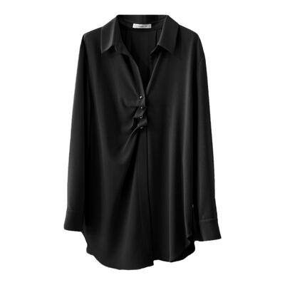 Amii2026春新款极简纯色中长宽松微弹力翻领长袖梭织雪纺衫女