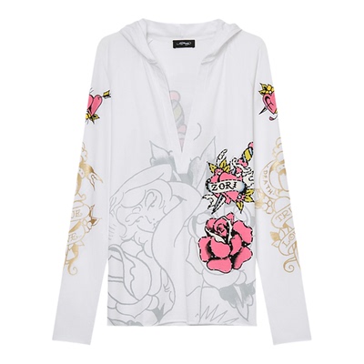 Ed Hardy埃德哈迪2026夏季新款女士连帽V领烫钻长袖T恤E1SBW236