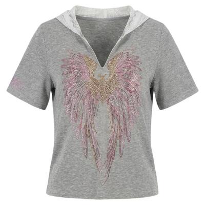 TCH烫钻灰色蕾丝连帽V领显瘦短袖T恤2026年春夏新款女T78A10E1015