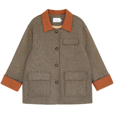 撞色灯芯绒翻领毛呢薄棉外套