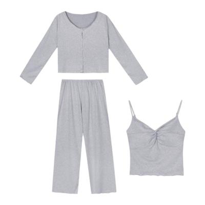简约纯色吊带睡衣三件套