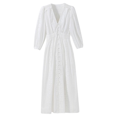 【左岸月光】重工定位剪裁 法式度假风V领泡泡袖打揽高收腰连衣裙