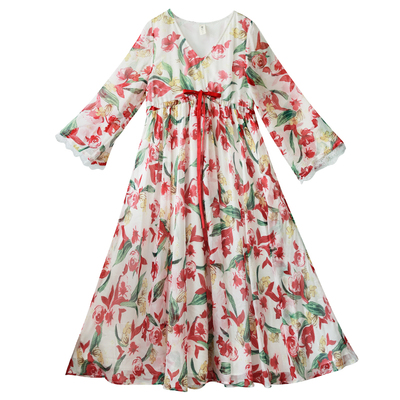 高腰雪纺喇叭袖连衣裙