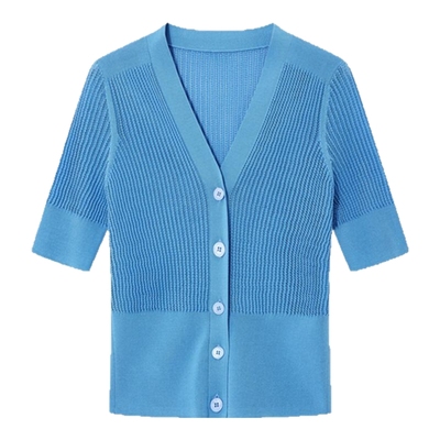 Goodland美地夏季法式简约海蓝色短毛透气螺纹针织开衫
