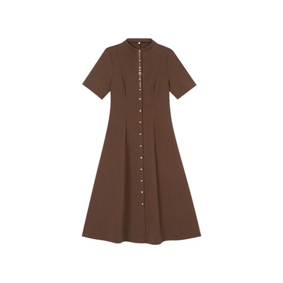 一城画一新款简约时尚修腰显瘦短袖纯色过膝长款连衣裙