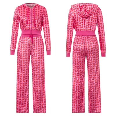 丝绒面料爱心印花连帽卫衣套装