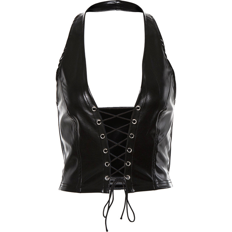 Sisjuly新品 instergram网红同款修身系带露脐挂脖背心女pu皮吊带_虎窝淘