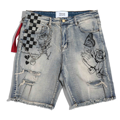 纽约潮牌Profound Foundation支线 手绘涂鸦洗水做旧破洞牛仔短裤