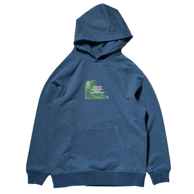 off蓝色插肩图案印花洗水卫衣