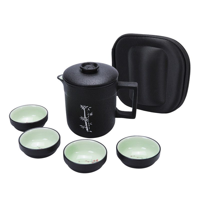 ronkin黑陶快客杯一壶四杯旅行茶具套装便携式包随身茶壶泡茶杯_虎窝淘