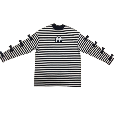 LAZY OAF英国新款经典黑白条纹立体眼睛蝴蝶结宽松开口长袖棉T恤