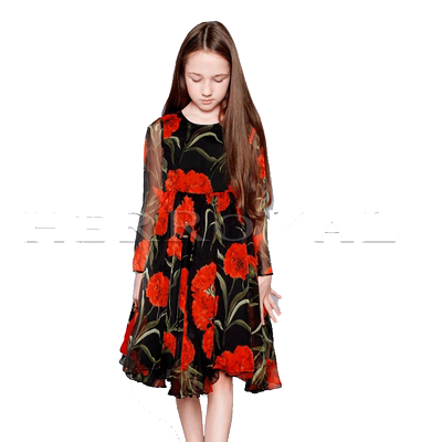 HERROYAL 童装康乃馨印花女童长款连衣裙礼服裙长袖长裙 亲子