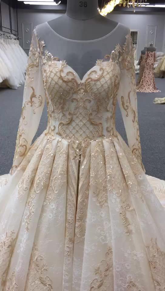Arabic Muslim Gold Long Sleeve Wedding Dress 2018 Latest Design Wt533 ...