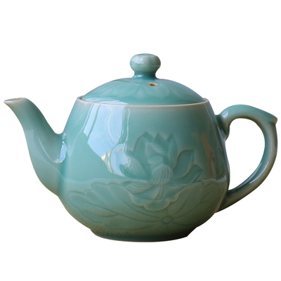 龙泉青瓷茶壶 陶瓷泡茶杯中国风荷花功夫茶具天青釉家用单壶300ml