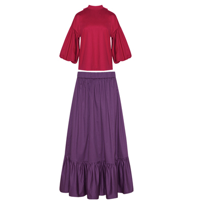 宫廷风连衣裙女纯棉布复古红蝴蝶结上衣紫色荷叶边半身长裙两件套