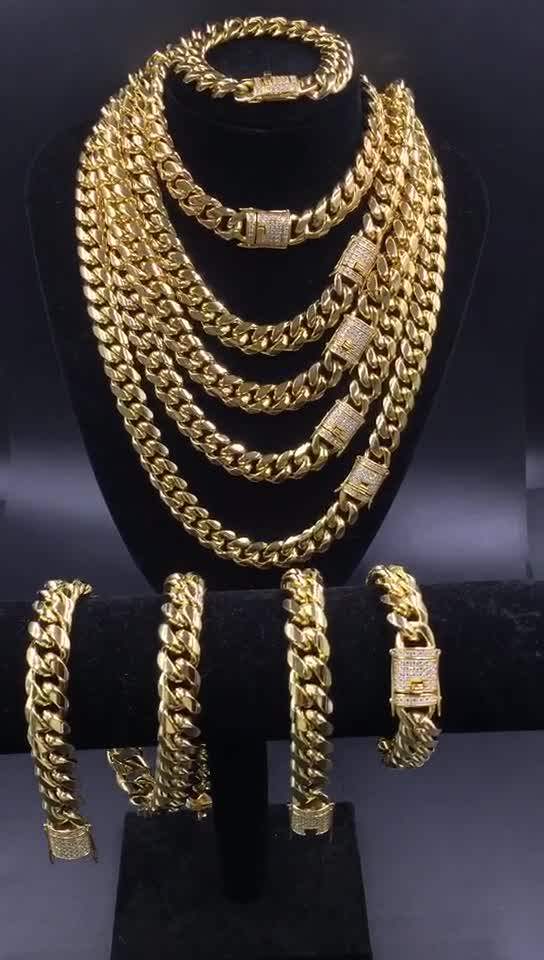 14mm Miami Cuban Link Chain Cz Clasp 18k Gold Plated Stainless Steel ...