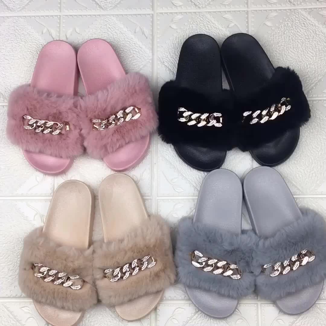 2018 New Plush Chain Fur Slides For Women Indoor Fur Flats Shoes Custom