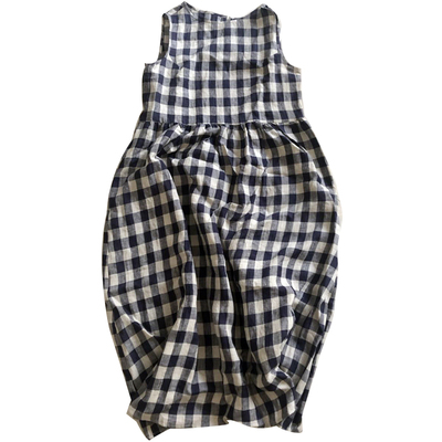 奈己两人出品/ 简约文艺大格子 夏季无袖长裙秋天内搭格子连衣裙