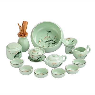 景德镇手绘青瓷茶具功夫整套龙泉