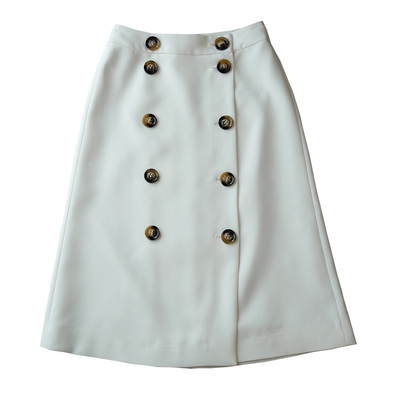 春季白色及膝名媛风双排扣半身裙