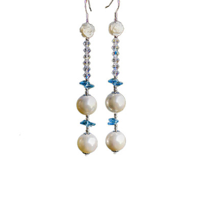 纯银饰品水晶耳坠花朵天然珍珠