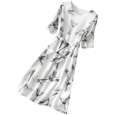 真丝桑蚕丝中长款印花水墨画裙子