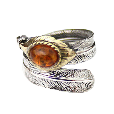 飞鹰羽毛琥珀纯银男士开口戒指
