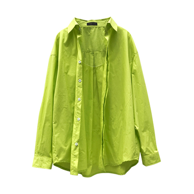 韩版宽松显瘦荧光绿长款衬衫