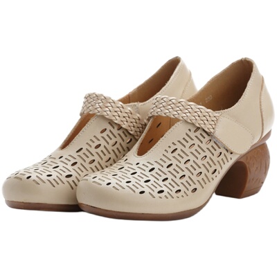 软底真皮花朵复古中跟镂空洞洞鞋