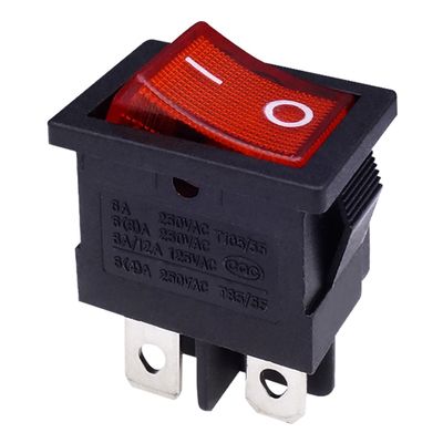 4脚带灯船型开关 黑色红色 6A 250VAC 电源开关 翘板开关铜脚