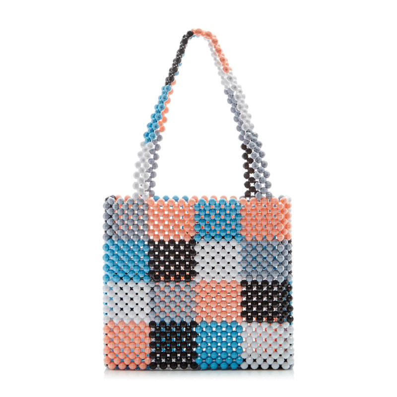 RTEP小众设计Lisa同款手工制复古橘蓝方块几何拼接串珠手提包_虎窝淘