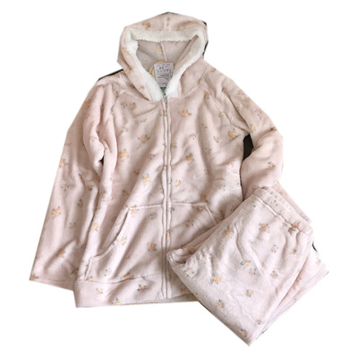 拉链带帽小碎花珊瑚绒睡衣套装