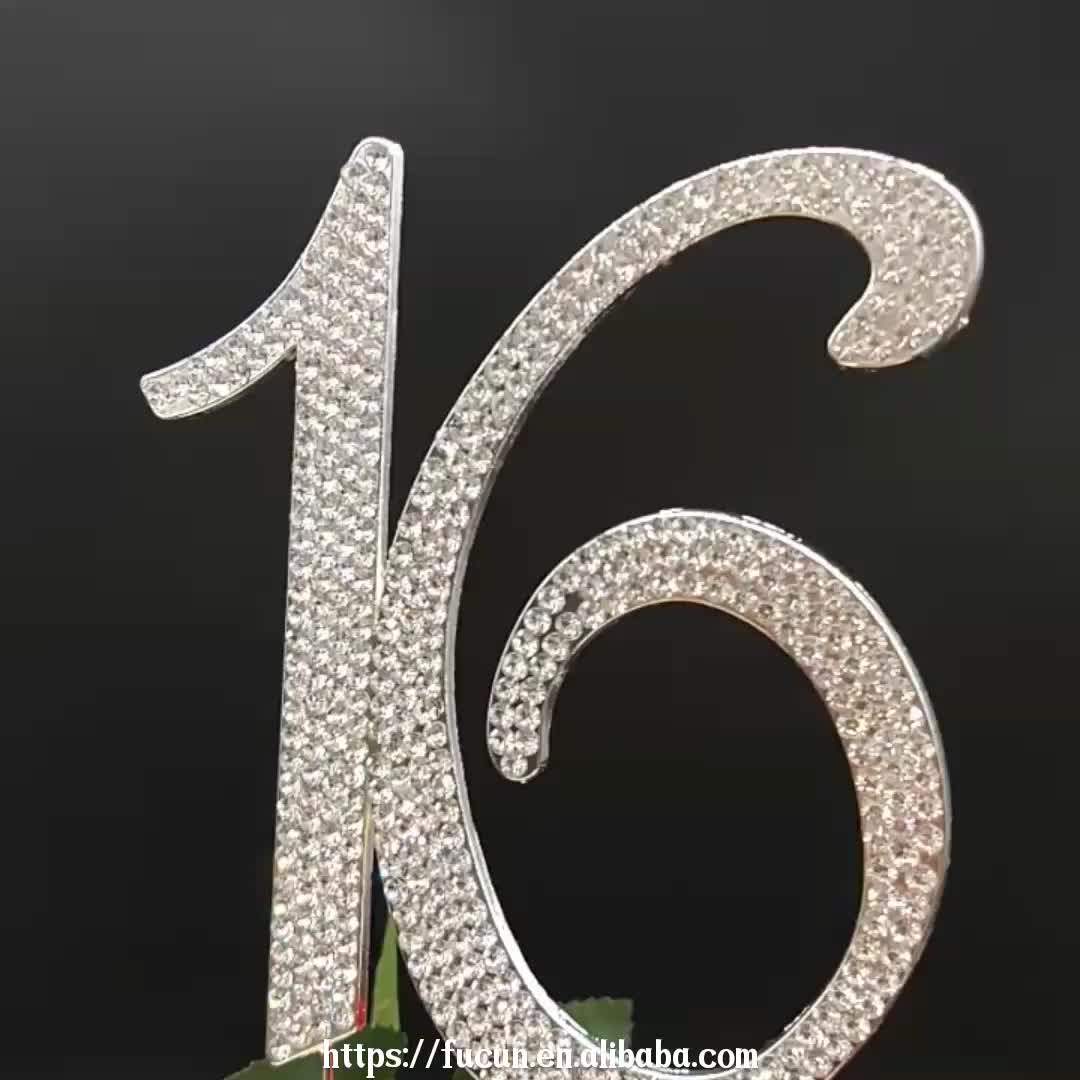 12cm Yellow Rhinestone Gold Number 16 For Anniversaries Cake Decoration ...