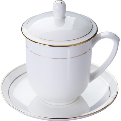 景德镇陶瓷茶具骨瓷带盖酒店水杯描金办公会议杯家用茶杯10只套装