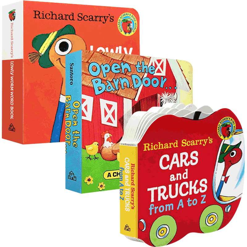 英文原版绘本 入门启蒙3册手掌机关书 Richard Scarry's Cars and Trucks from A to Z/Open The Barn Door/Lowly Worm Word Book