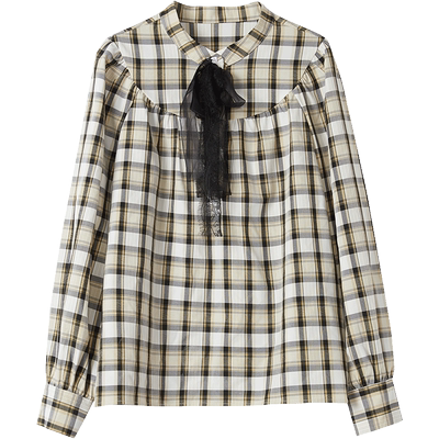 Oece法式蕾丝复古文艺格子长袖衬衫气质上衣春秋季新款女装